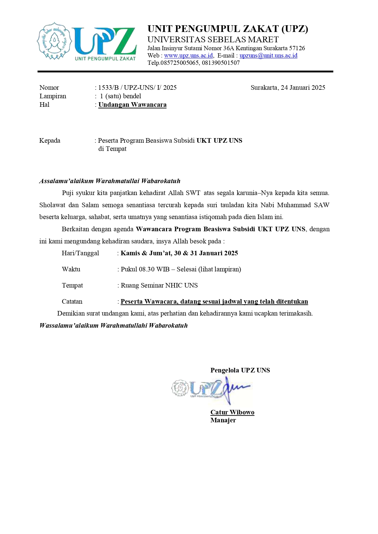 Jadwal Seleksi Wawancara Beasiswa Subsidi UKT – UPZ UNS