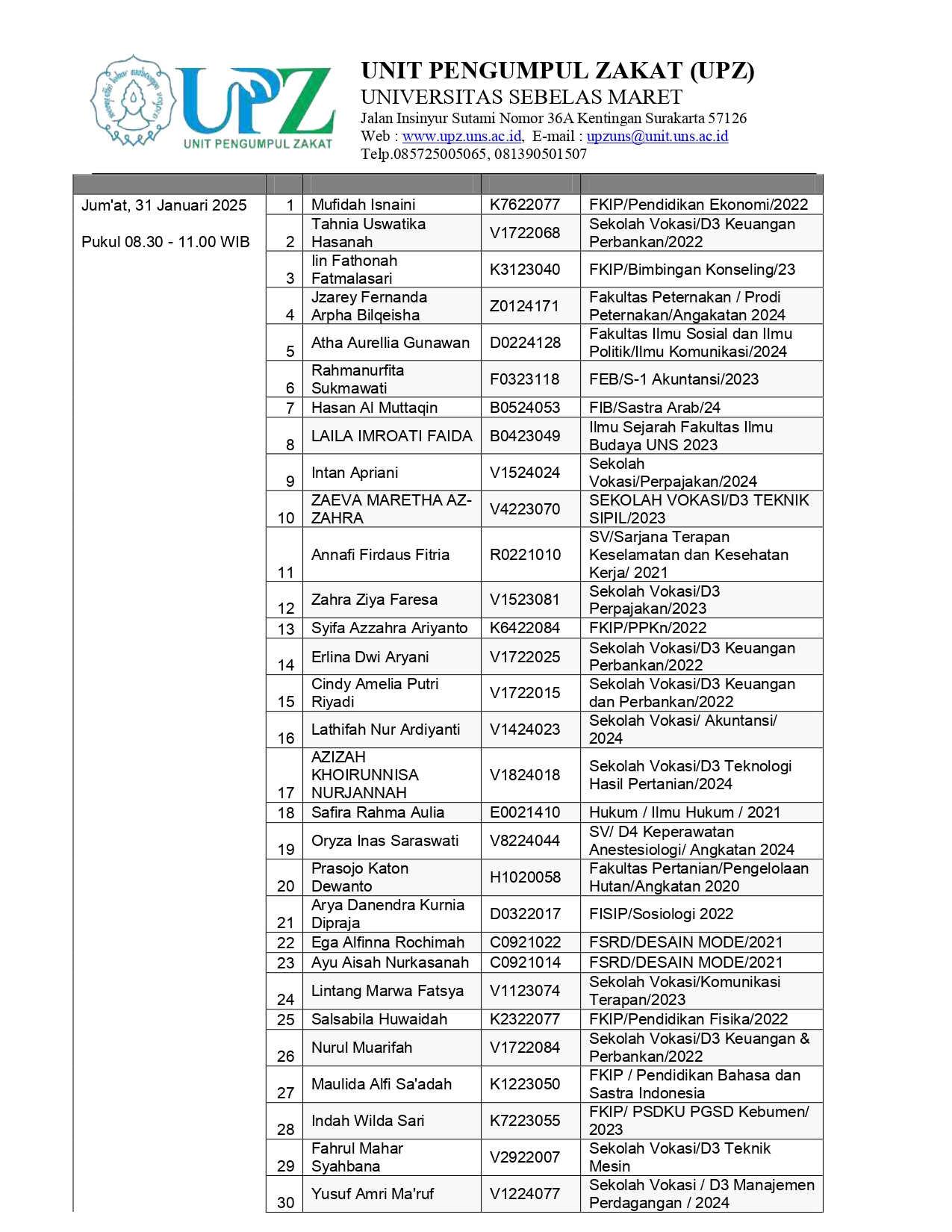 Jadwal Seleksi Wawancara Beasiswa Subsidi UKT – UPZ UNS