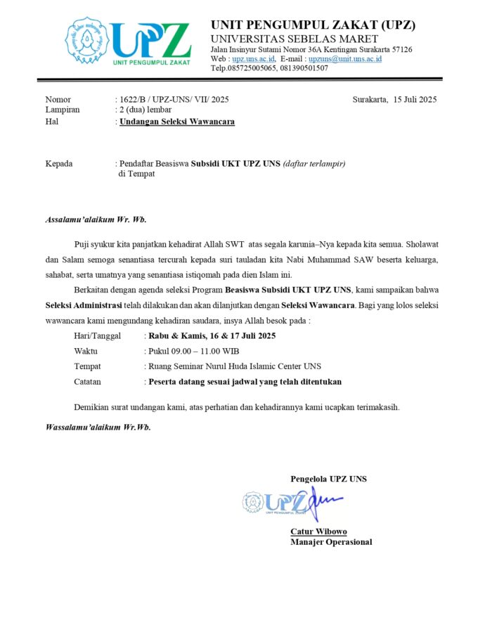 Jadwal Seleksi Wawancara Beasiswa Subsidi UKT UPZ UNS – UPZ UNS