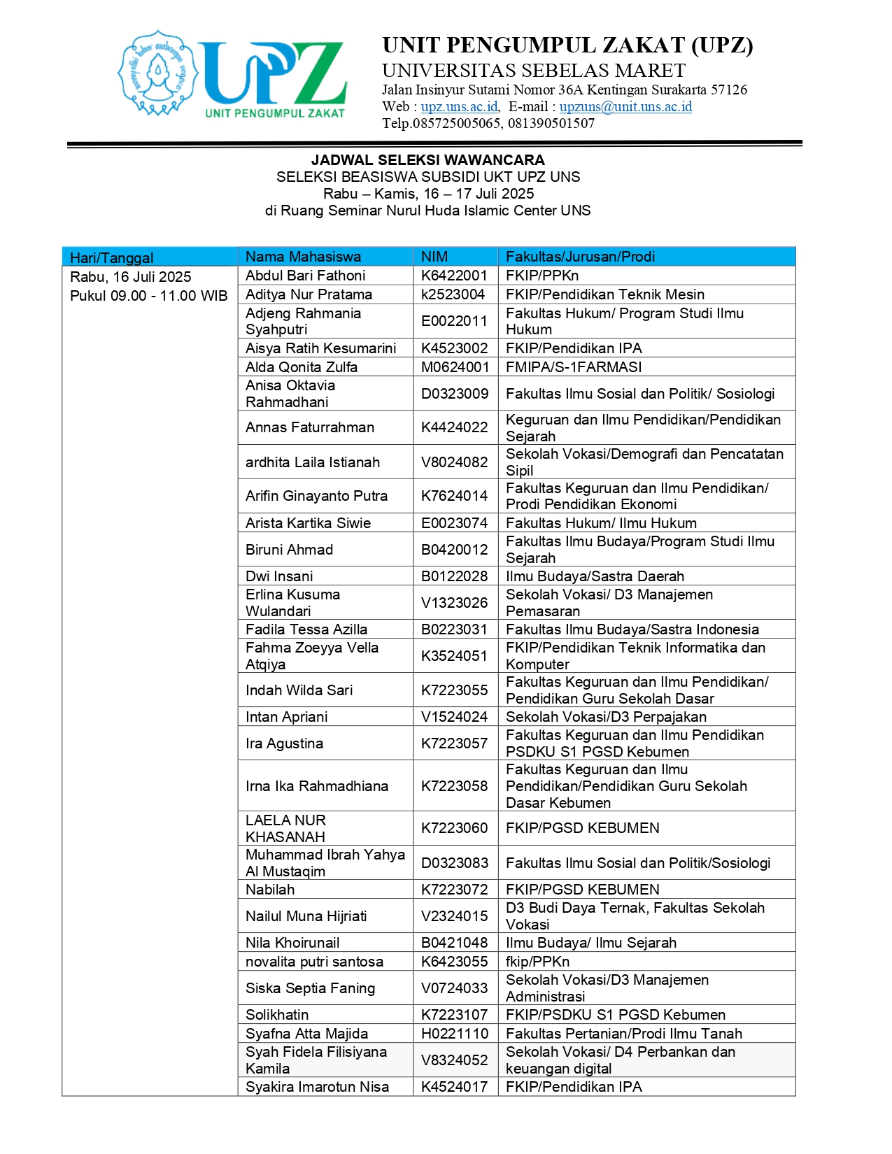 Jadwal Seleksi Wawancara Beasiswa Subsidi UKT UPZ UNS – UPZ UNS